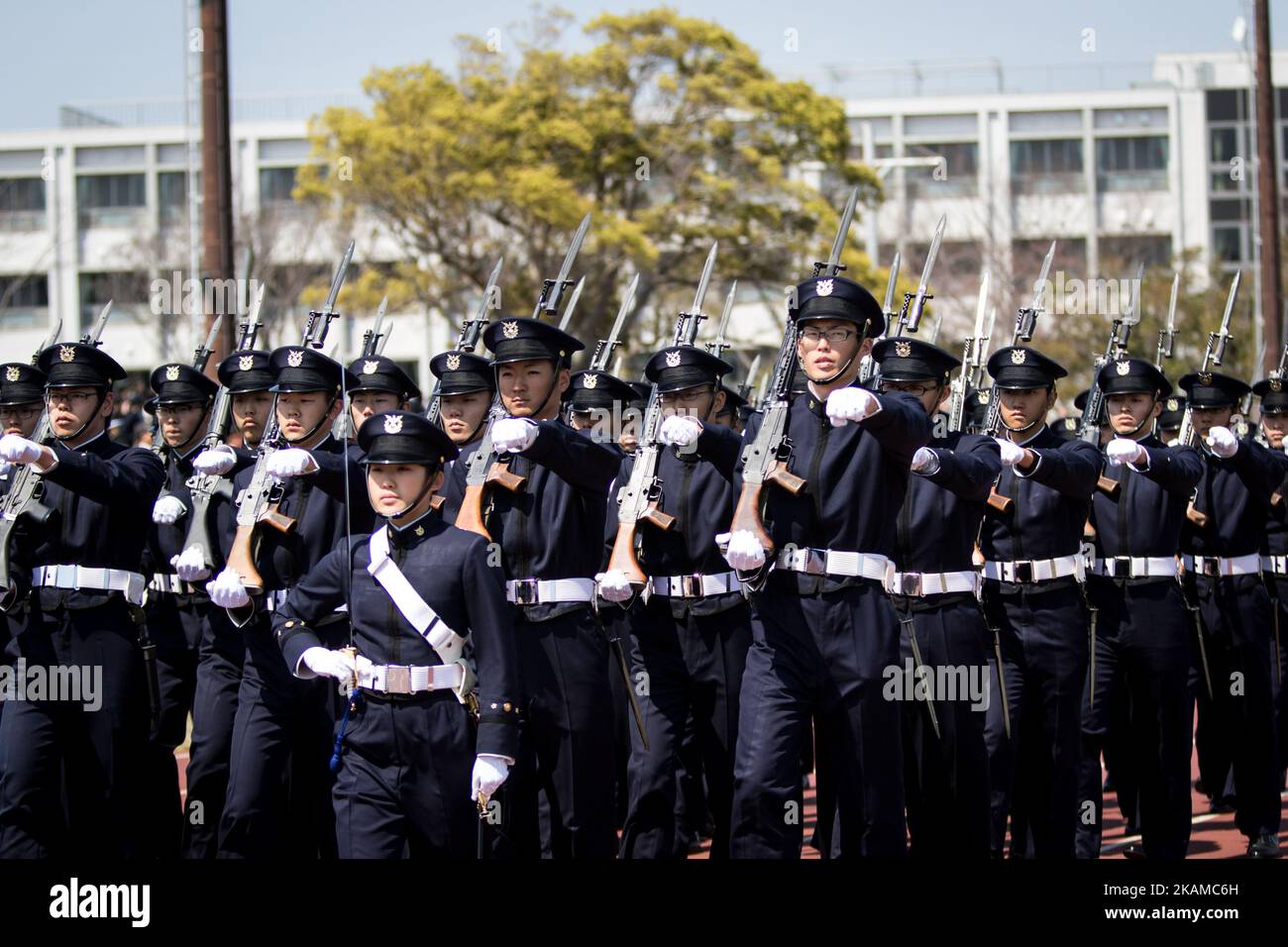 Japanese cadets march during the entrance ceremony of new students at ...
