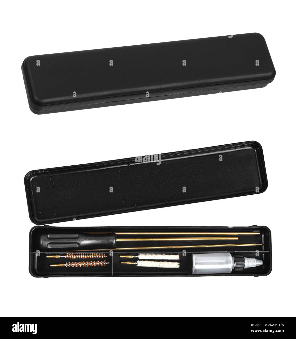 A set for cleaning weapons in a black case isolate on a white ...
