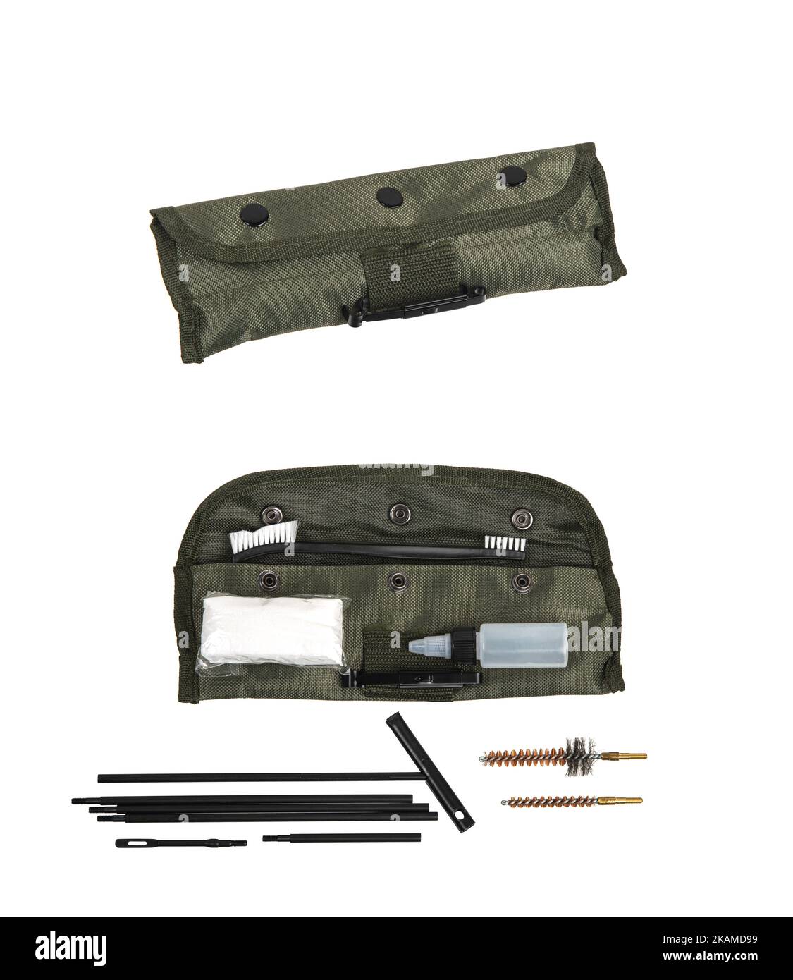 A set for cleaning weapons in a black case isolate on a white ...