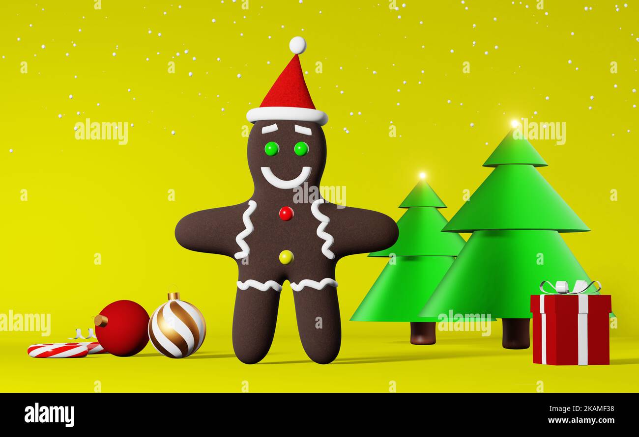 Christmas cookie Gingerbread man Santa hat 3d rendering yellow ...