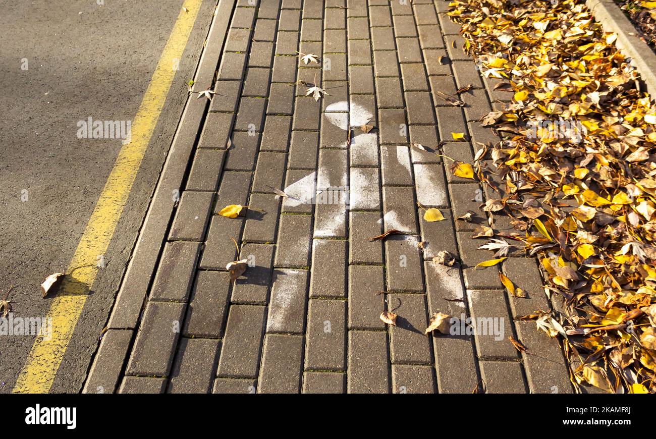 White pedestrian sign on a pedestrian road. Pedestrian sign Stock Photo ...