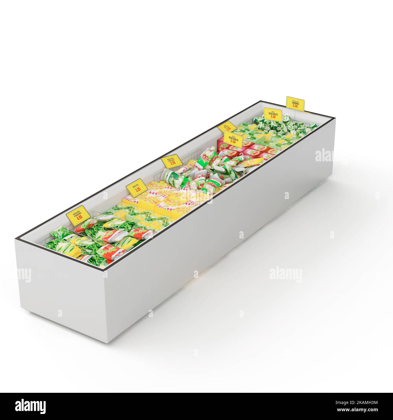 A 3D rendering of a panoramic market refrigerator full of products and ...