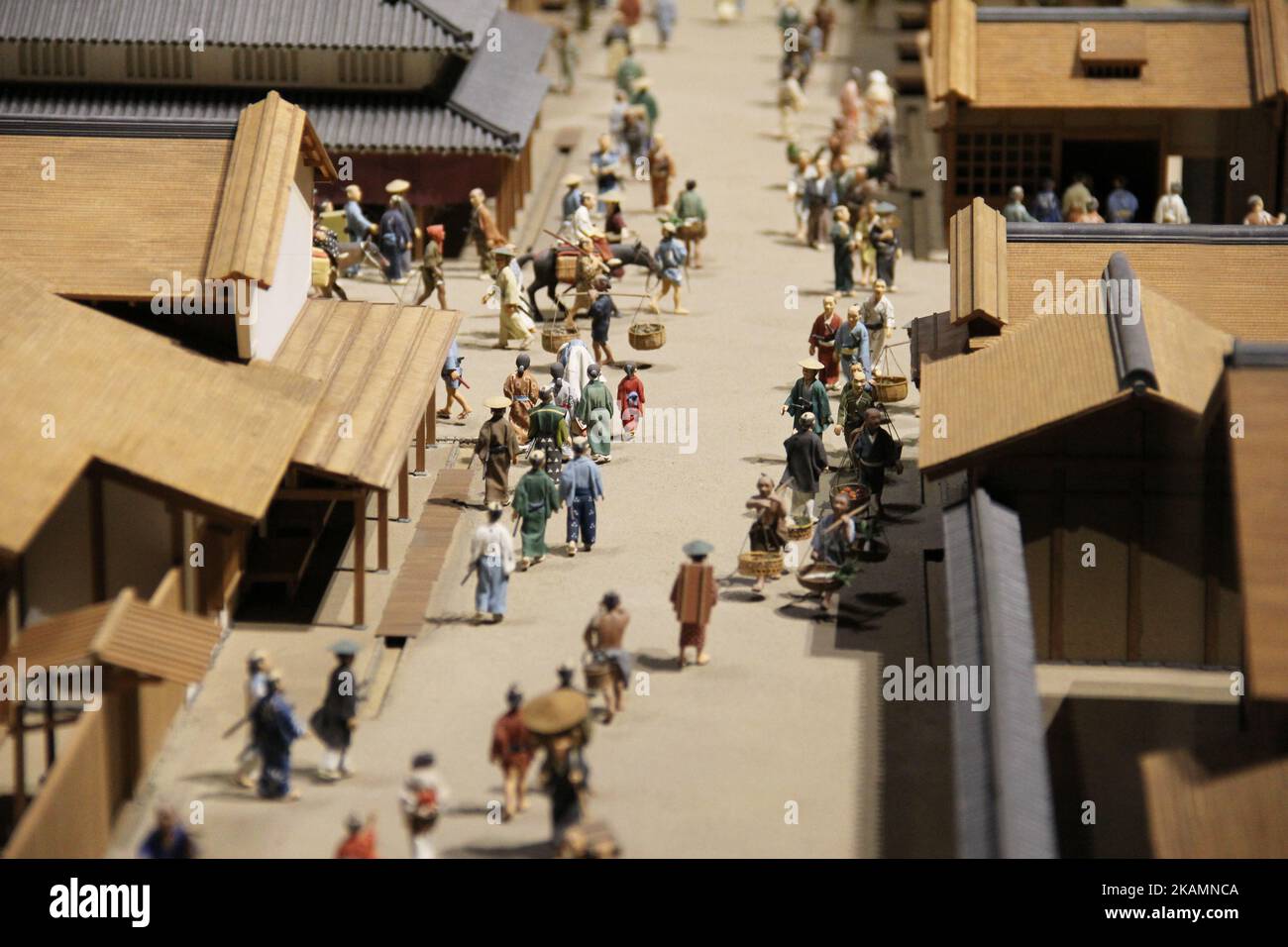 A lot of miniature sculptures of a cityscape from the Edo period at the ...