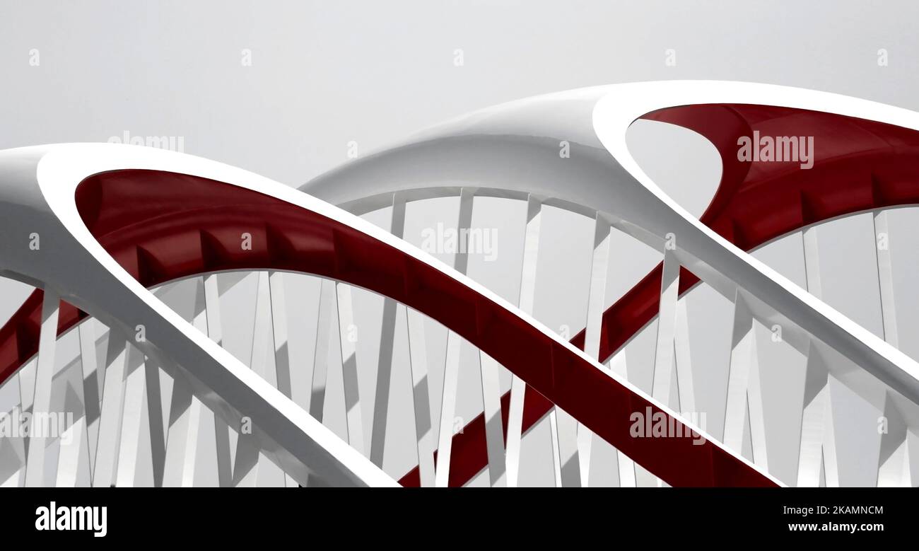 A 3d rendering of the white and red arches of bridges on a gray ...