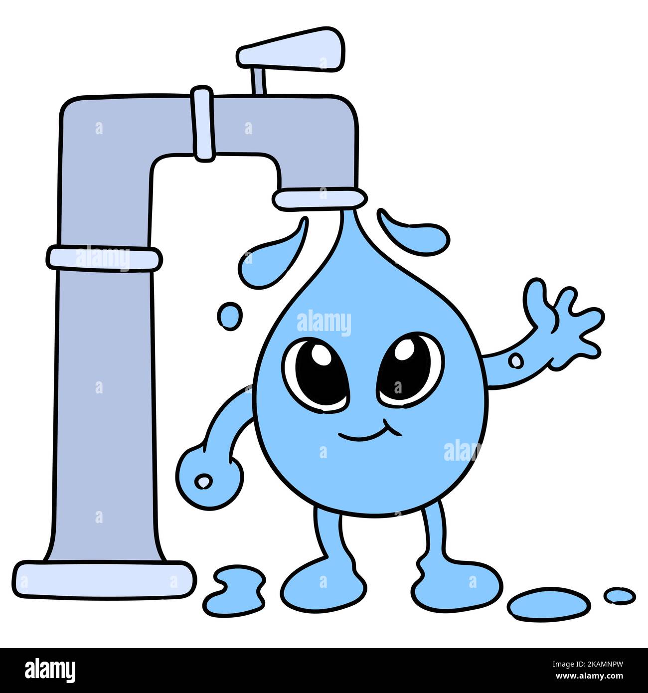 A cute doodle of a water drop falling out of a faucet and waving ...
