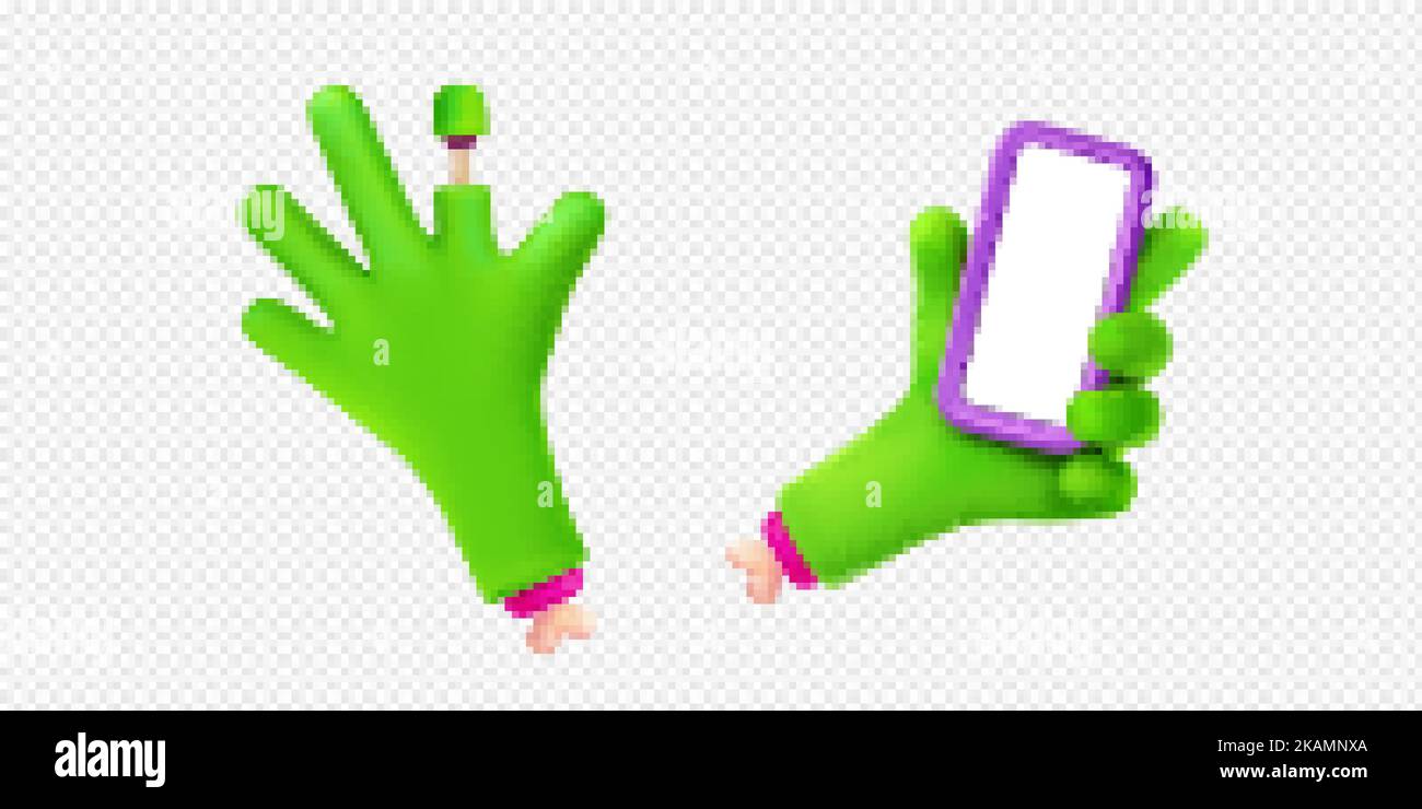 Green zombie hand holding mobile phone with blank screen. Halloween ...