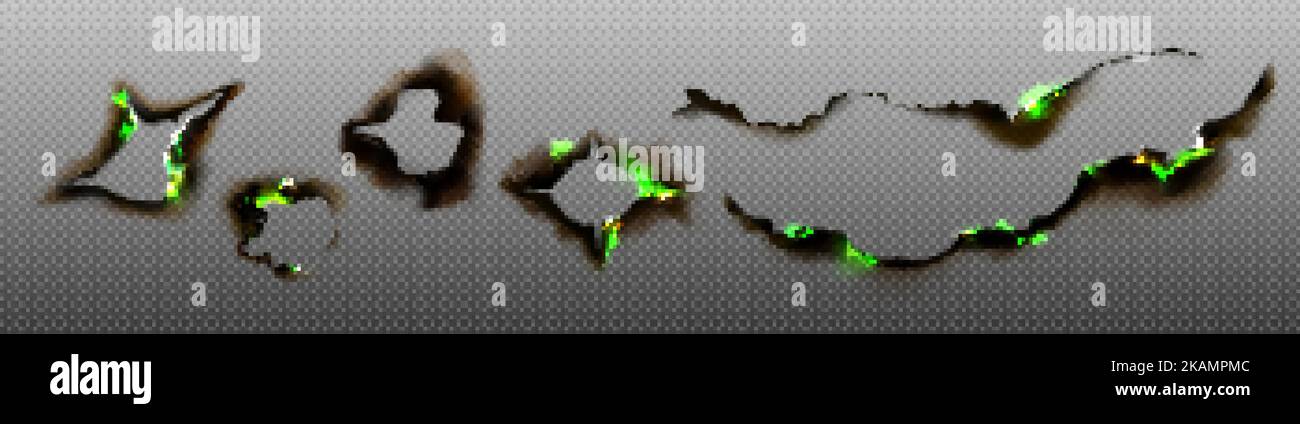 Green fire burning gunshot holes, edges of paper, cloth png set ...