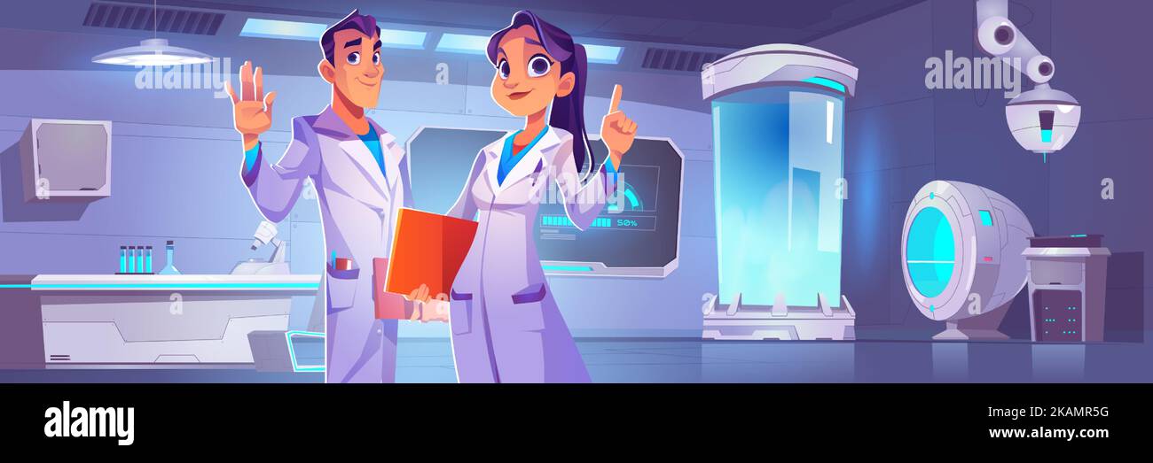 Scientists or doctors in futuristic laboratory. Medicine stuff male and ...