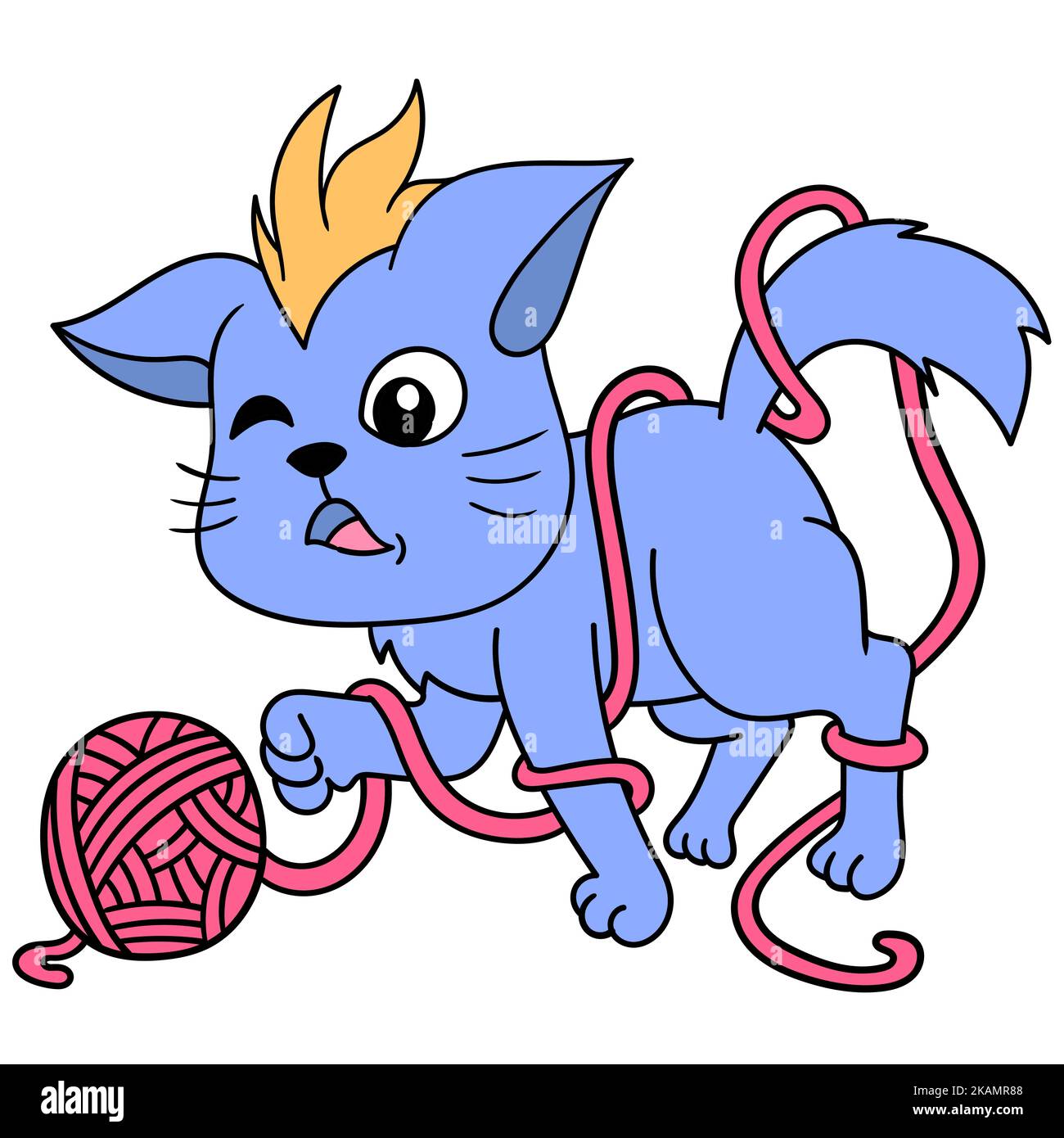 A cute doodle of a blue cat playing and getting tangled in a thread ...