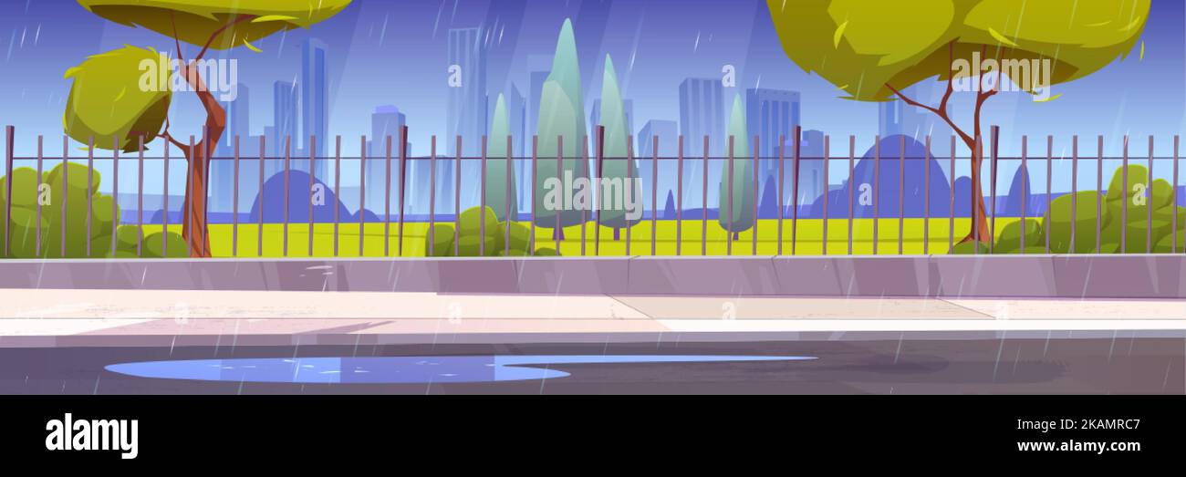 City street at rain, cityscape at rainy weather, urban skyline with ...