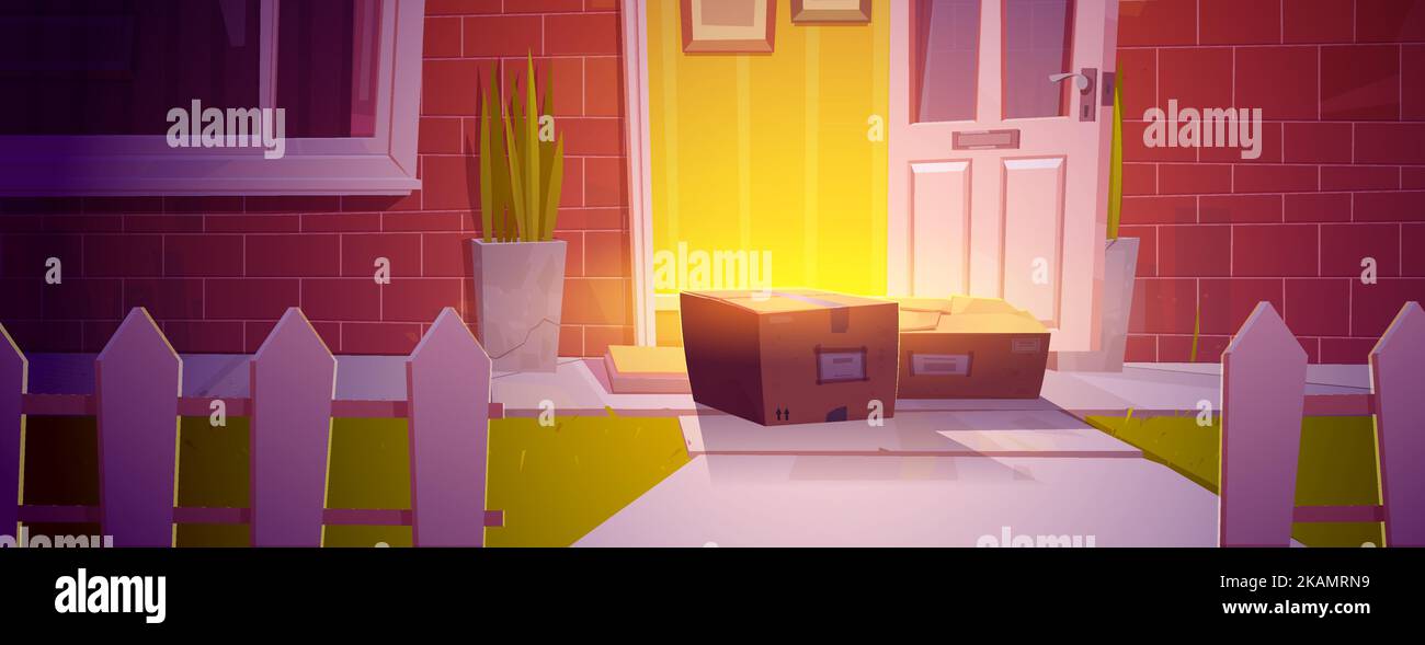 Boxes front of open door, delivery service concept with parcels lying ...