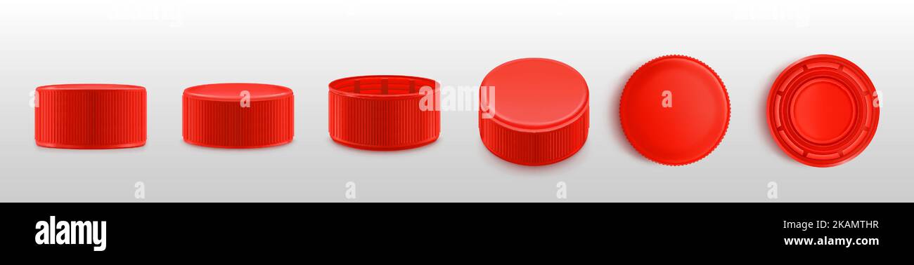 Red bottle cap, realistic plastic lids turn top, bottom and side view ...