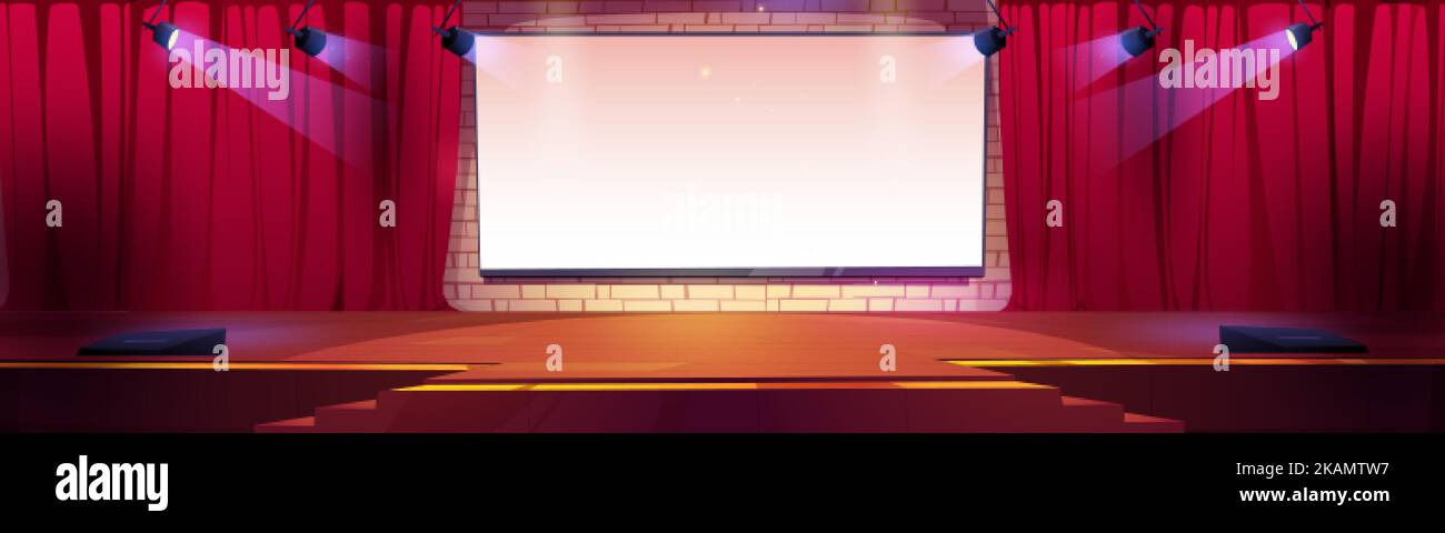Movie theater or show studio with stage, white screen, red curtains and ...