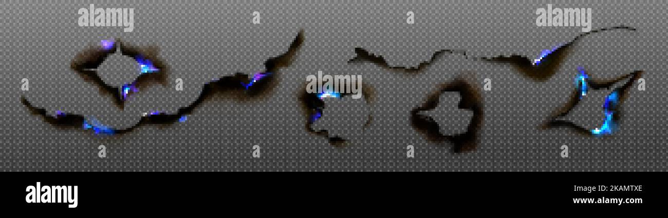 Burn paper holes and borders with blue fire. Burnt gaps with smoldering ...