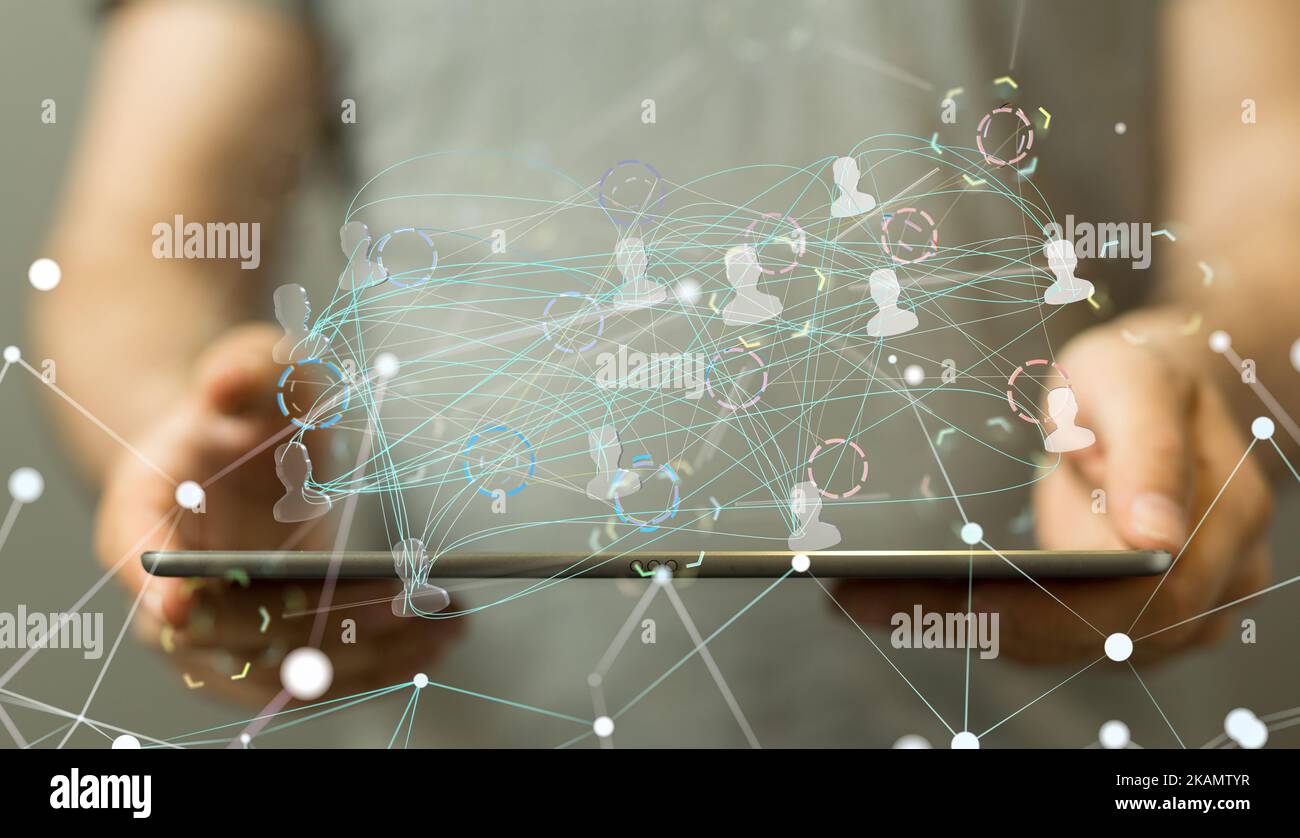 A 3D rendering of human communication blockchain floating above a ...