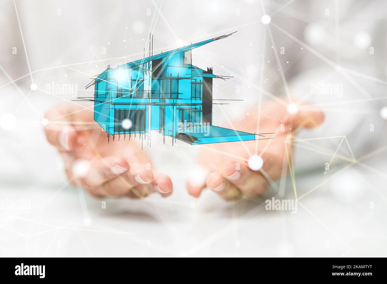 A 3D-rendered house icon with a blockchain floating above a hand, a ...