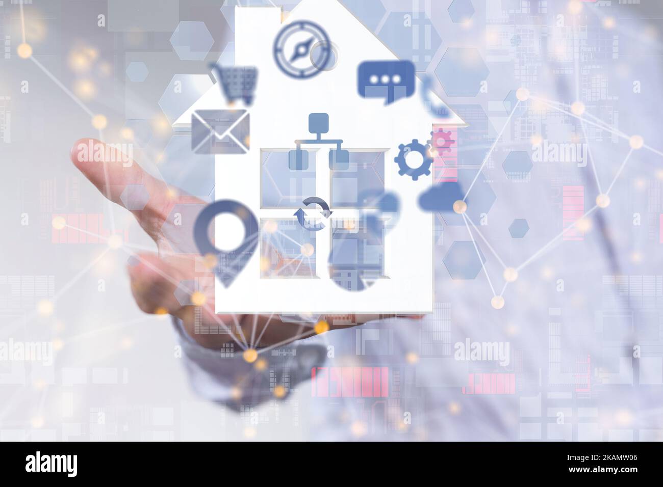 A 3D-rendered house icon with a blockchain floating above a hand, a ...