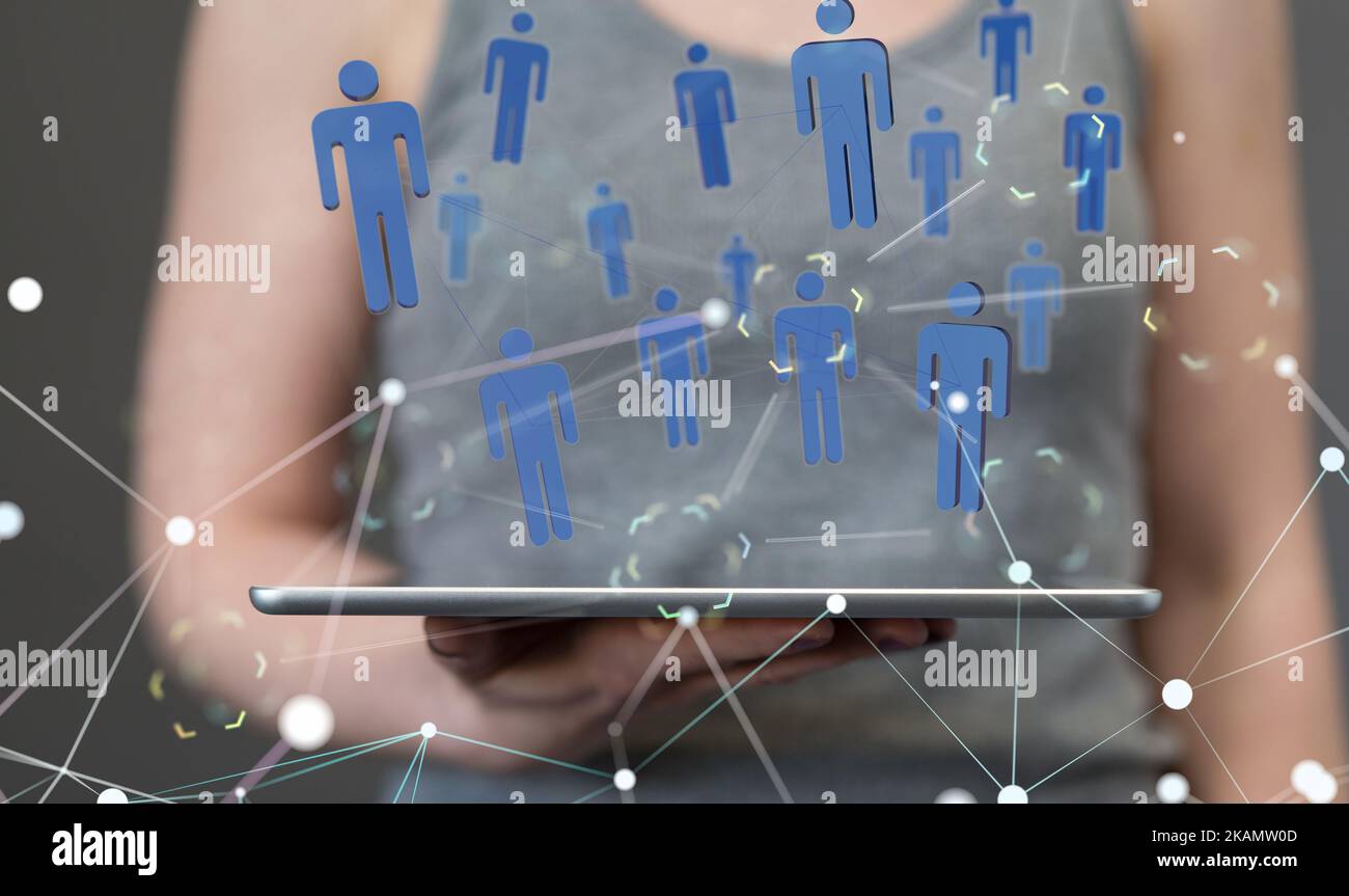 A 3D rendering of human communication blockchain floating above a ...