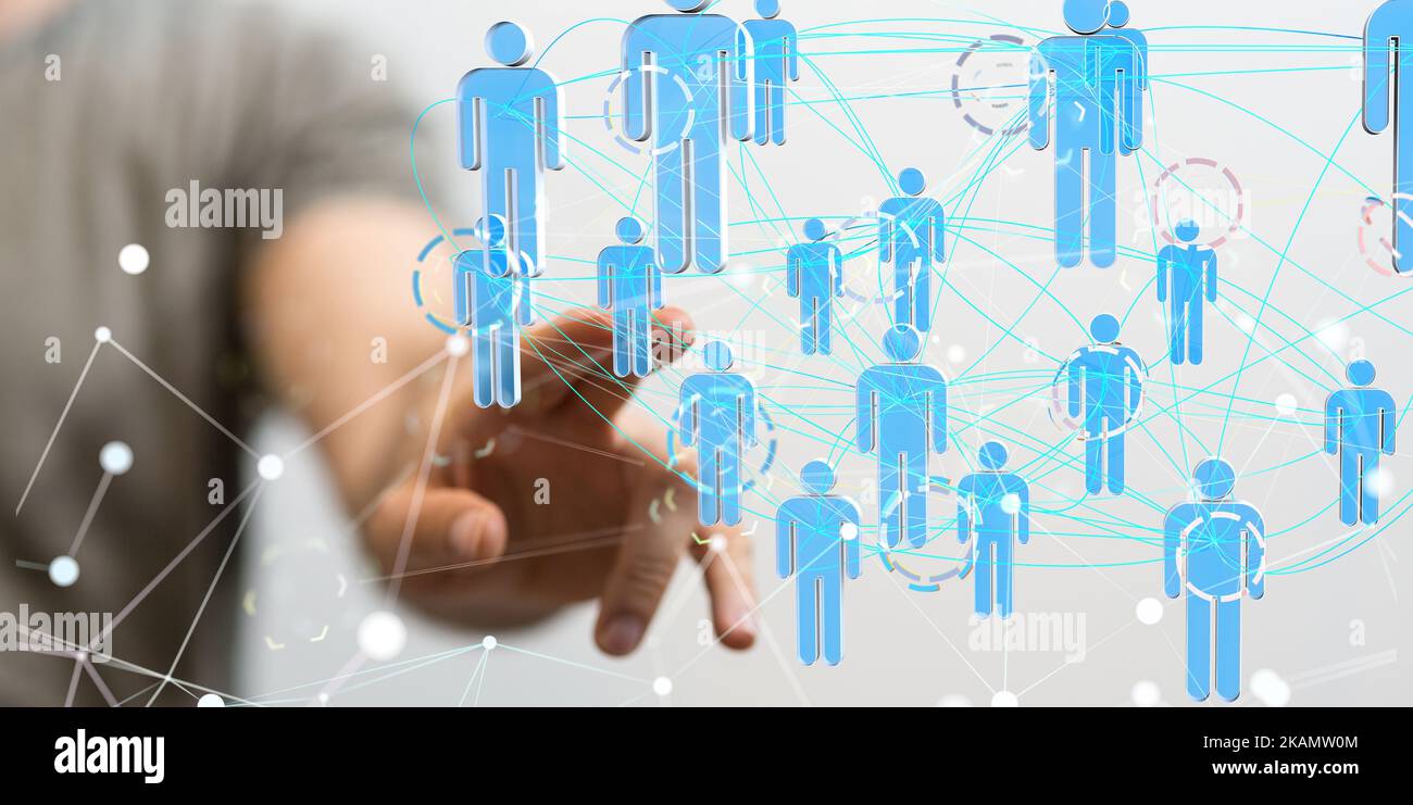 Two fingers posing on illustrative human communication blockchain ...