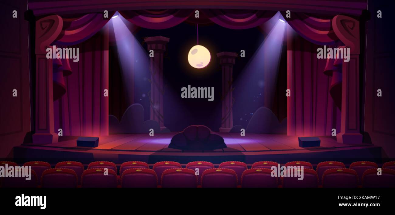 Theater stage with red curtains, spotlights and moon. Theatre interior ...