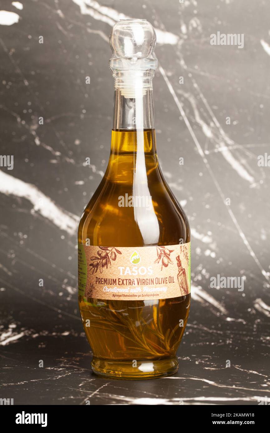Moscow, Russia, November 03,2022: Olive oil for salads, unrefined with ...