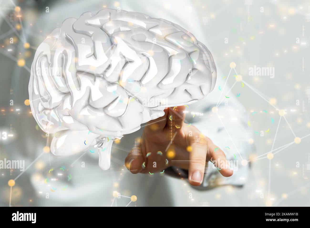 Two fingers pointing at a 3D-rendered white brain and a blockchain ...