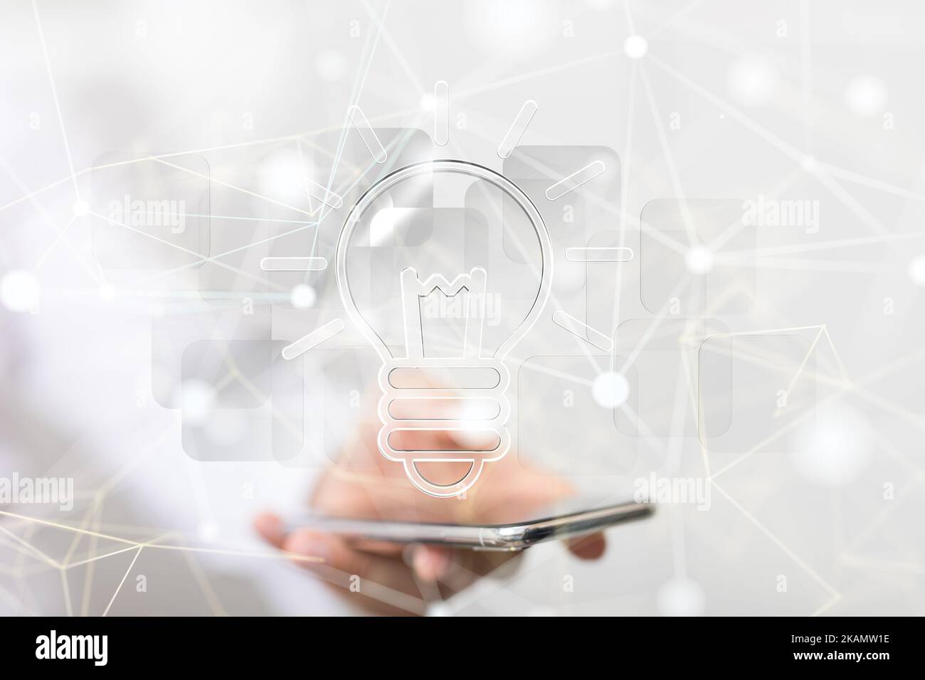 A 3D rendering of a lightbulb floating above a hand, a concept of a new ...