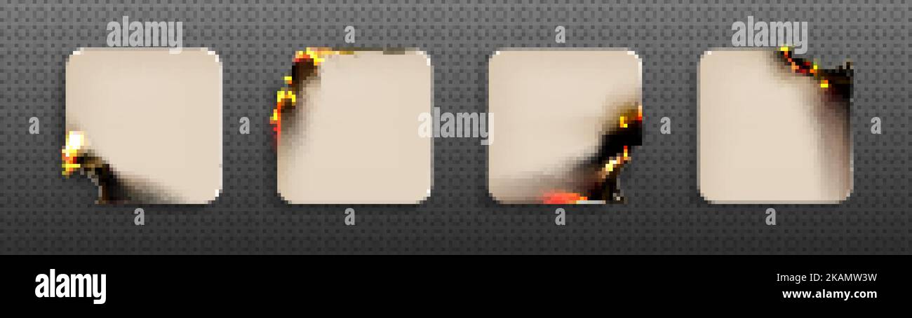Square paper sheets with burning rounded angles, burnt sticky notes ...