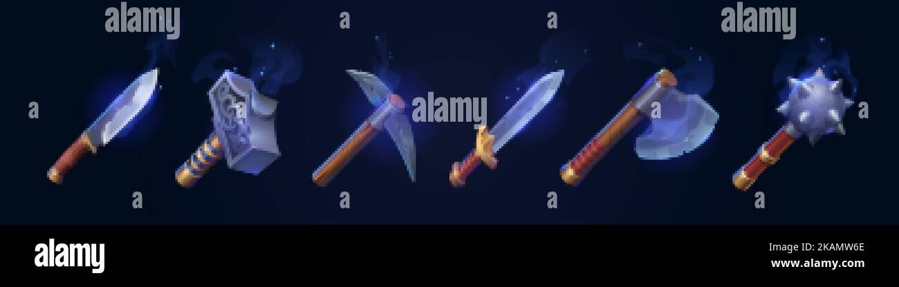 Weapon game icons, ancient mace, sword, dagger, pickaxe and hammer. Old ...