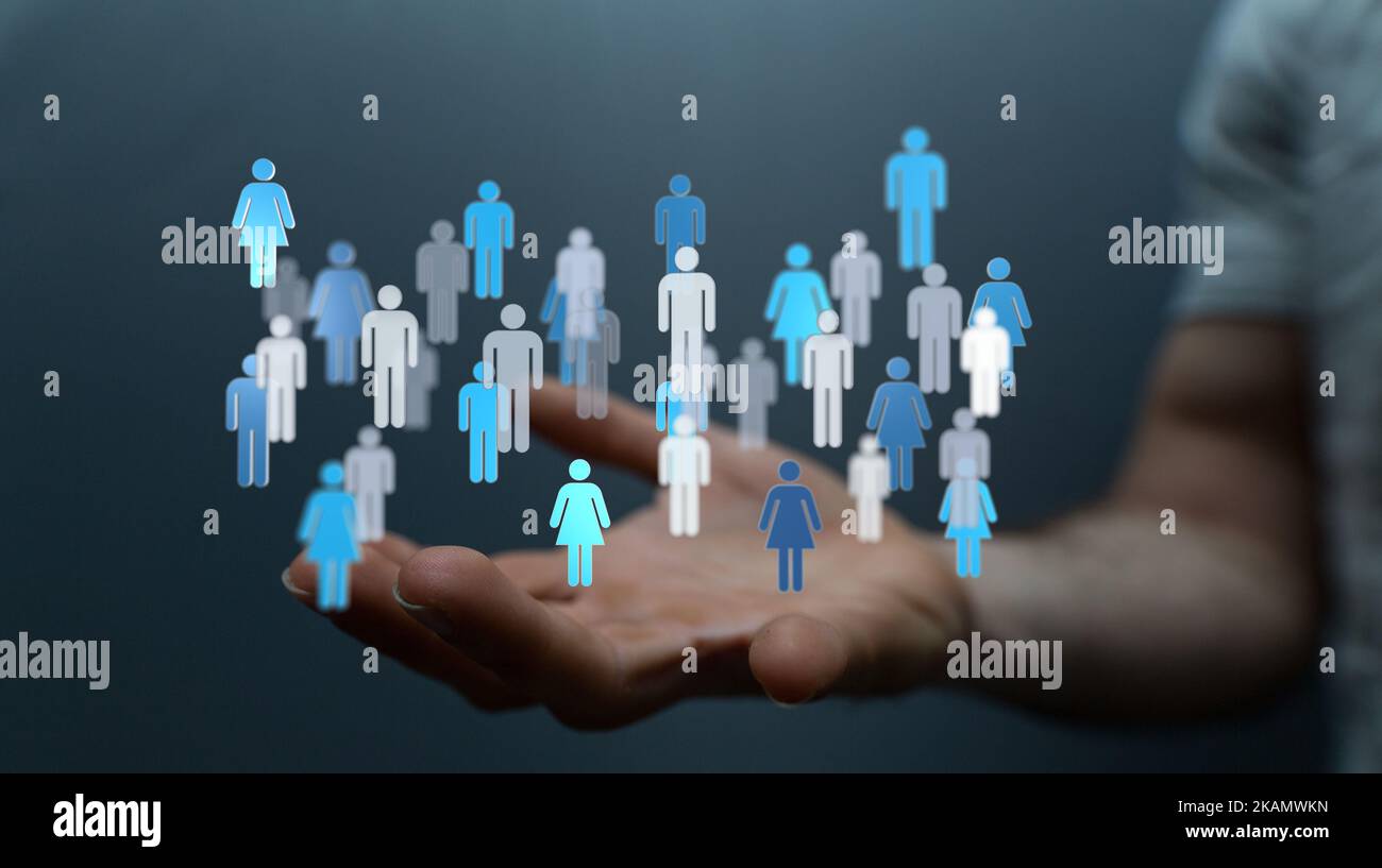 A 3D rendering of human communication icons floating above a hand Stock ...