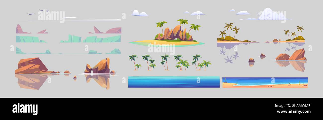 Tropical island landscape constructor for game. Set of nature graphic design elements. Isolated ...