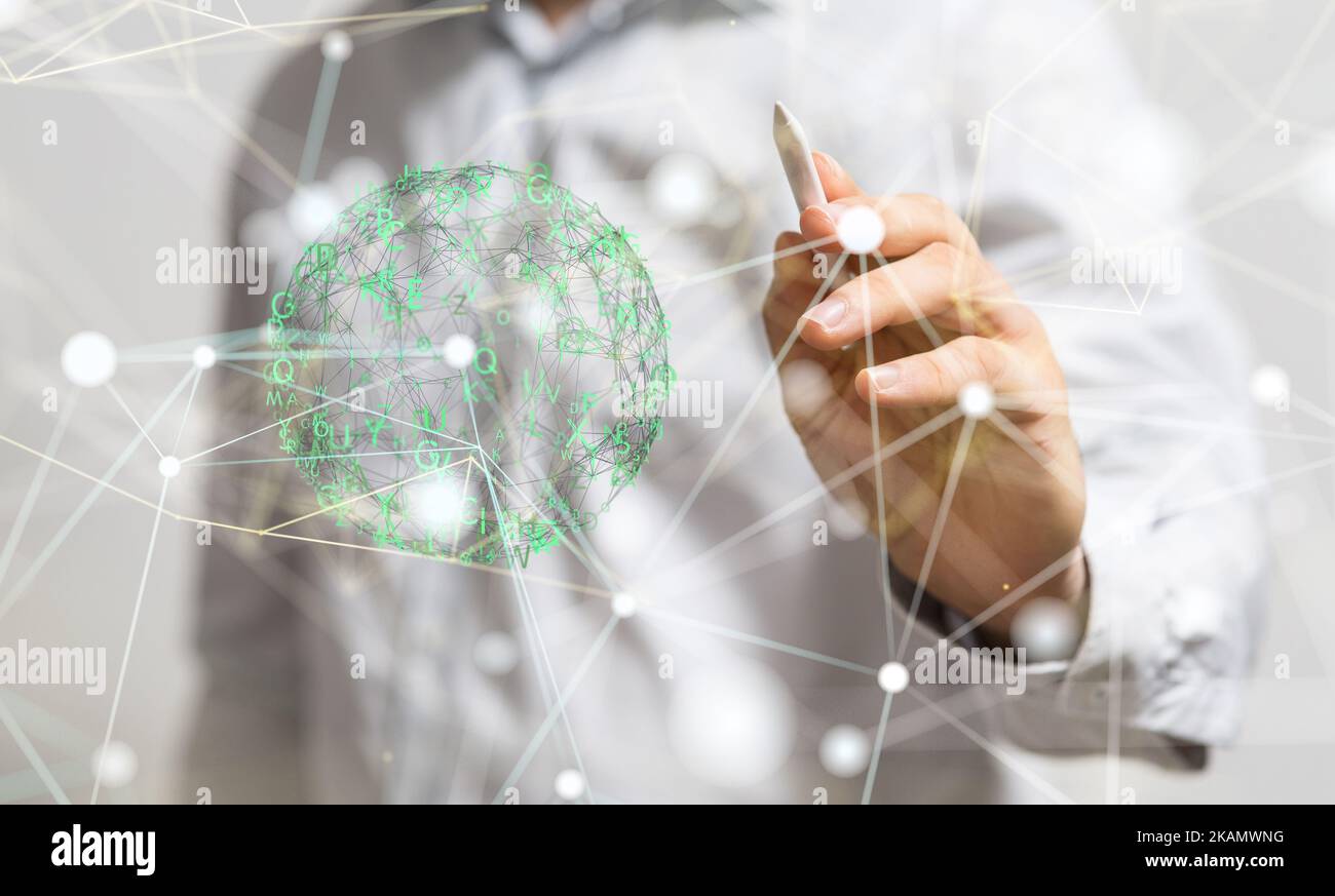 A hand pointing with a pencil at an illustrative big data and ...