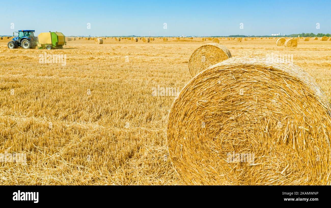 Above view round bale of straw after harvest, in background tractor is ...