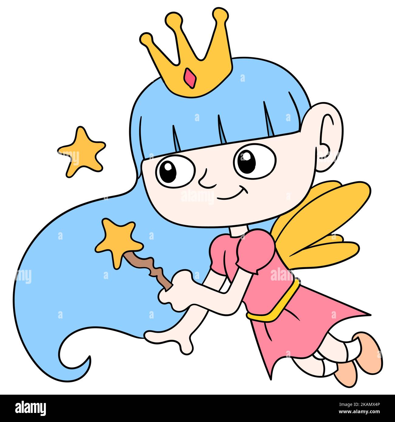 A cute doodle of a blue-haired fairy cartoon character holding a magic ...
