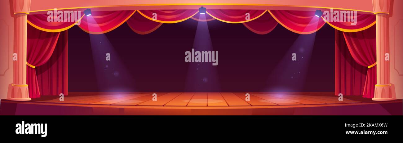 Theater stage interior with red curtains, spotlights, wooden floor and ...