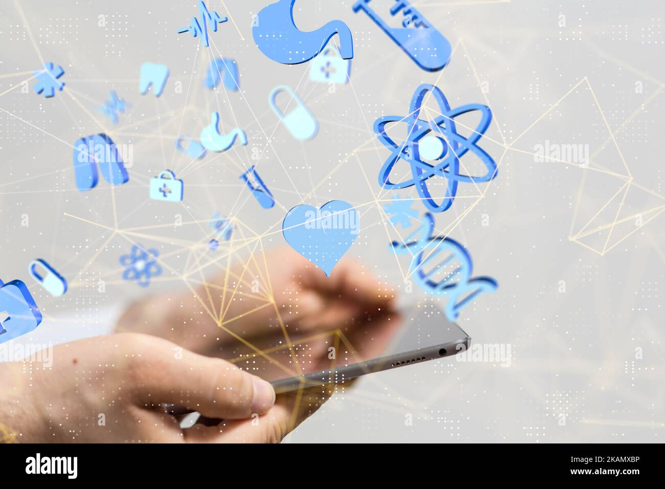 A 3D rendering of medical futuristic interface blockchain above a ...