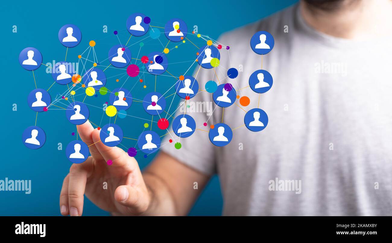 Two fingers posing on illustrative human communication blockchain ...