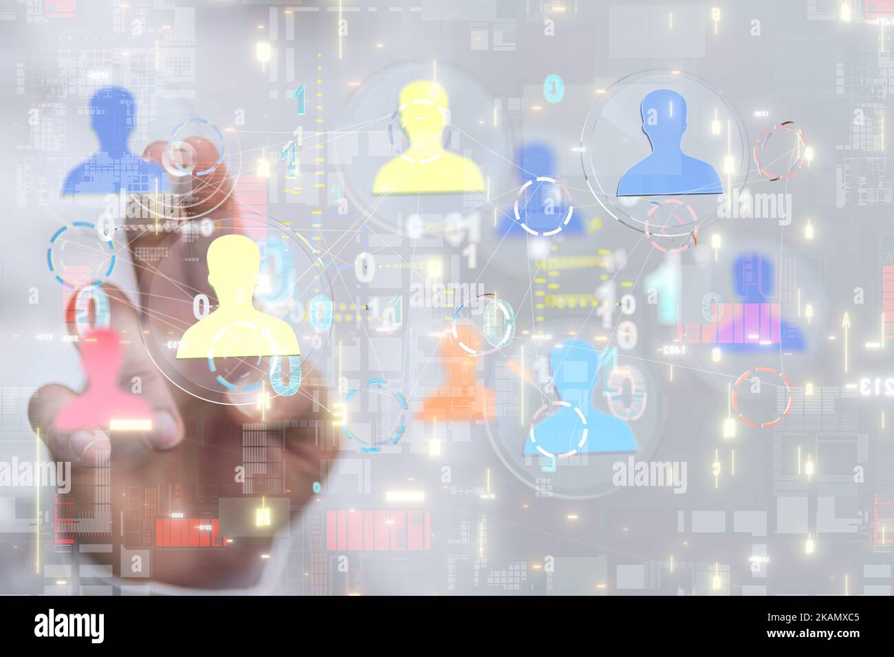 Two fingers posing on illustrative human communication blockchain ...