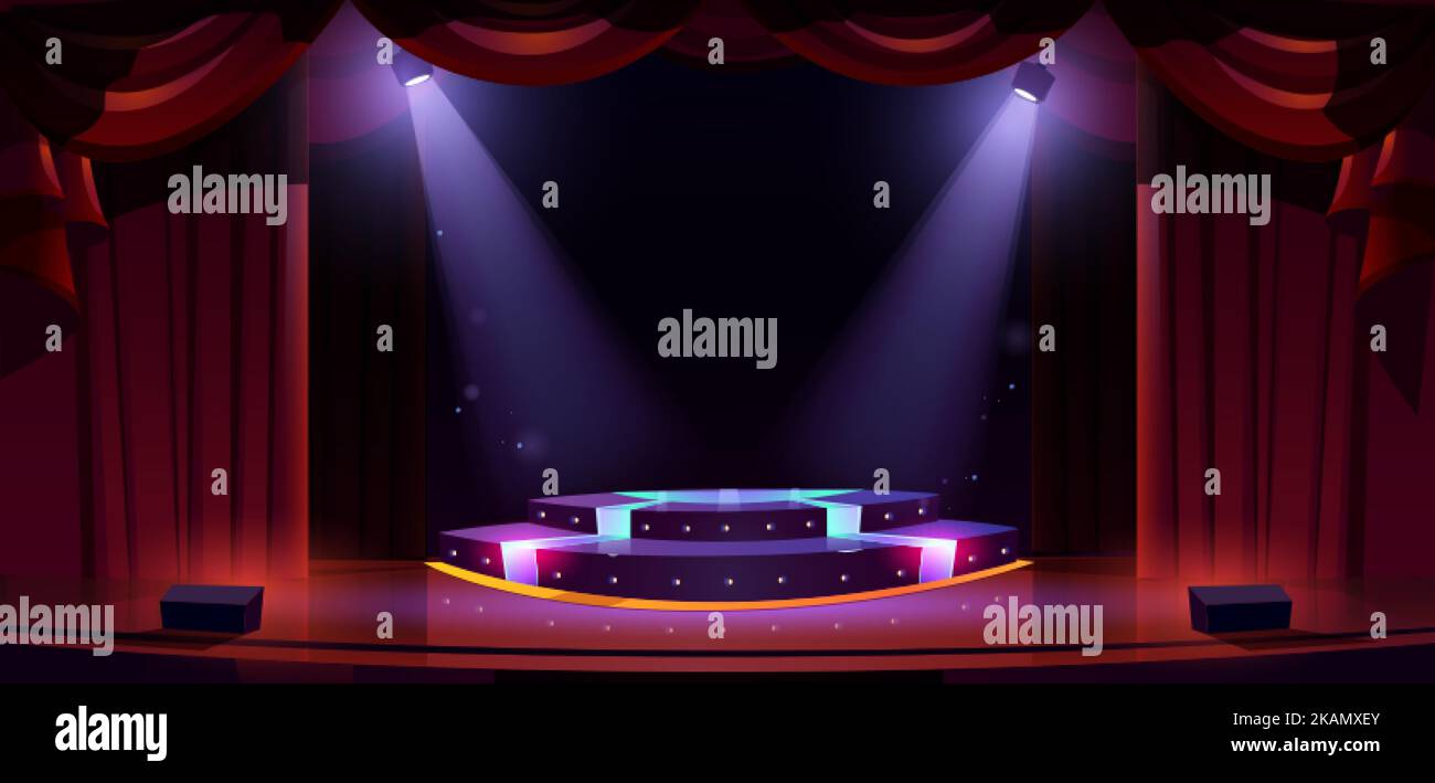 Theater stage or concert hall with podium, spotlights and red curtains ...