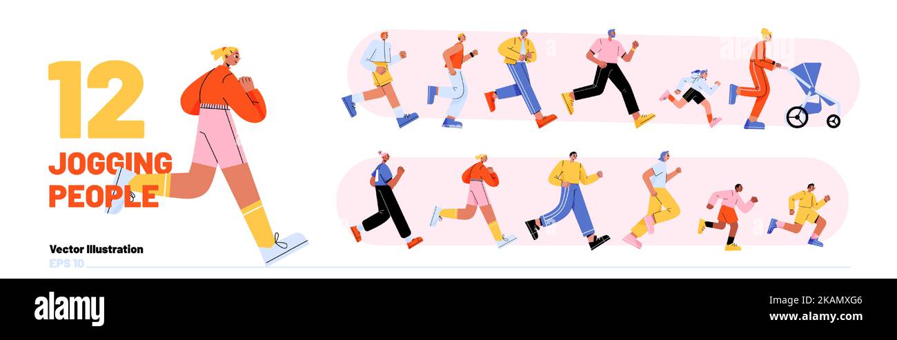 Set of people jogging, adults and children run marathon, sports ...