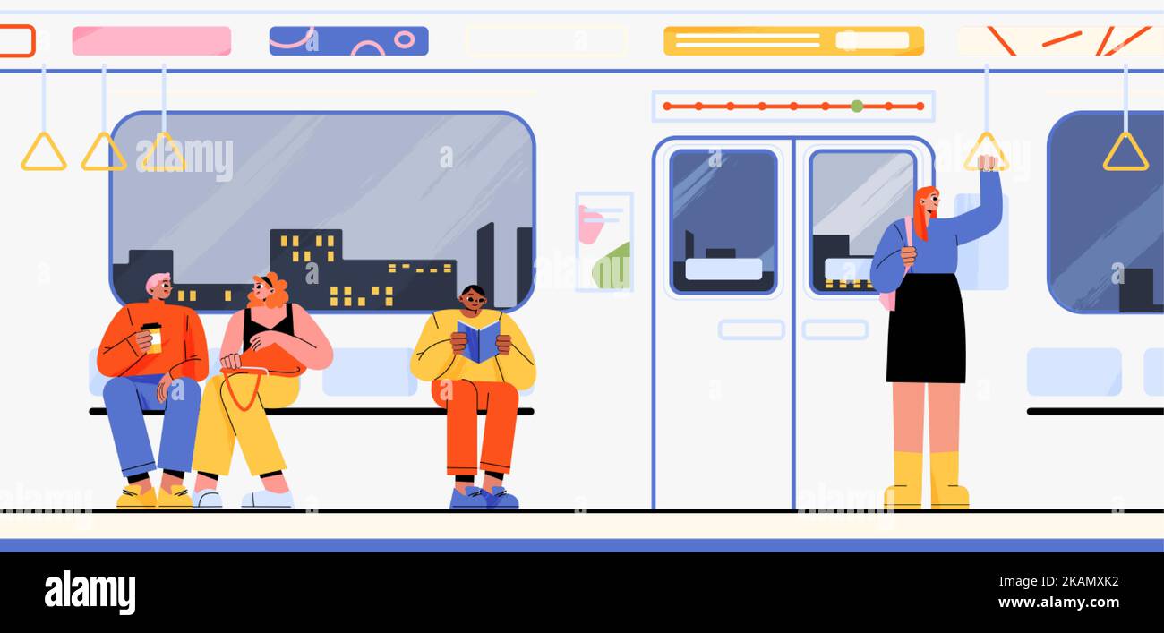 Happy people in subway, flat vector illustration. Commuting passengers ...