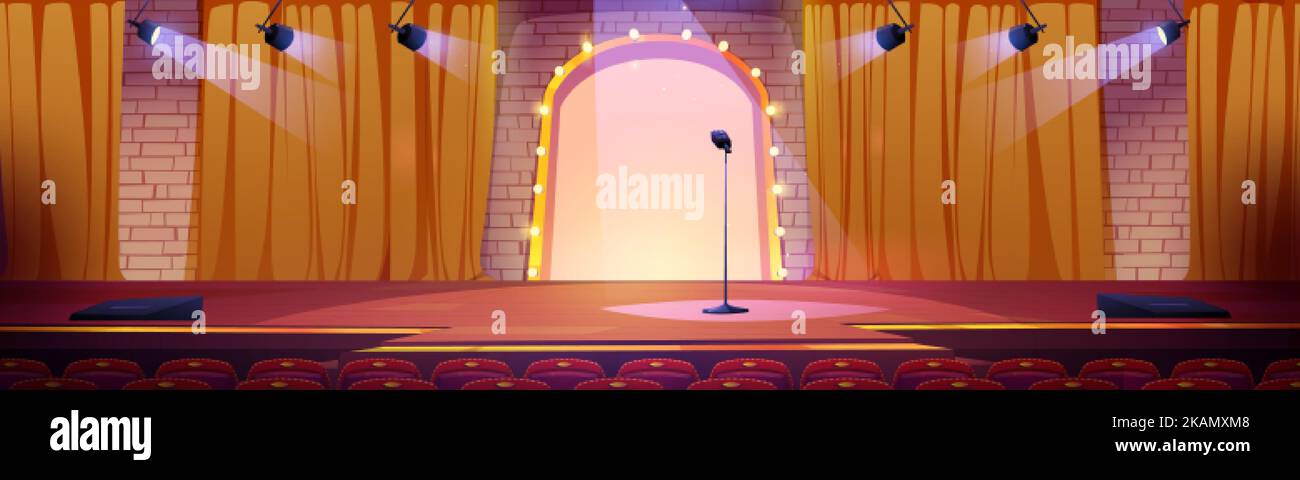 Concert hall, tv studio, karaoke or comedy show stage with microphone ...