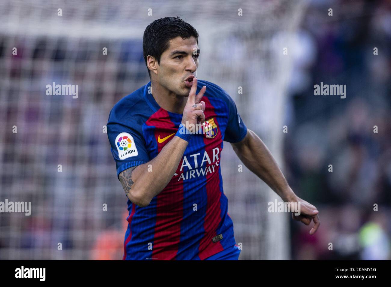 Luis Suarez of FC Barcelona celebrating his first goal of the match ...