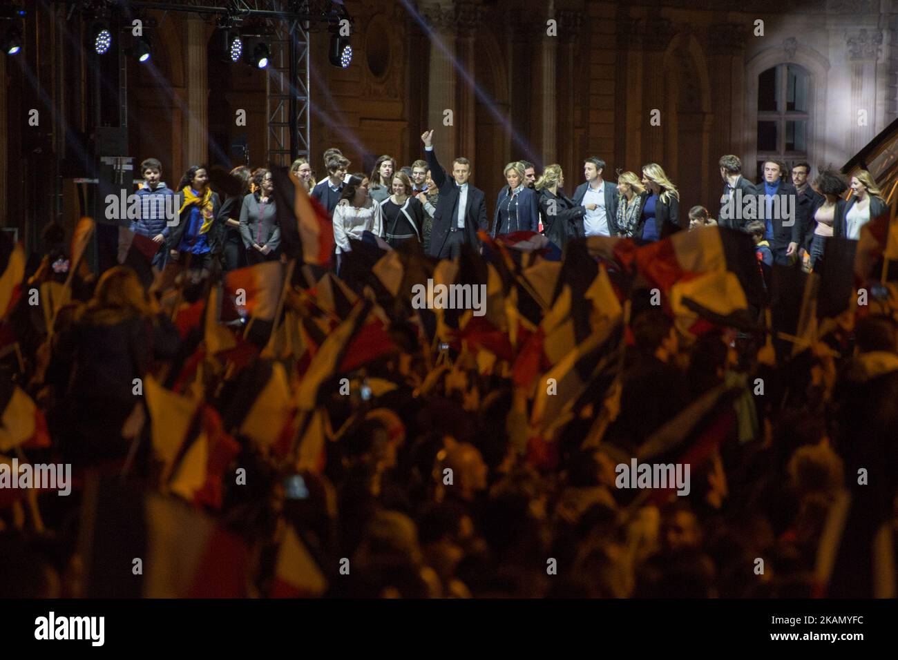 Emmanuel Macron and a part of his team celebrate his victory as the new ...