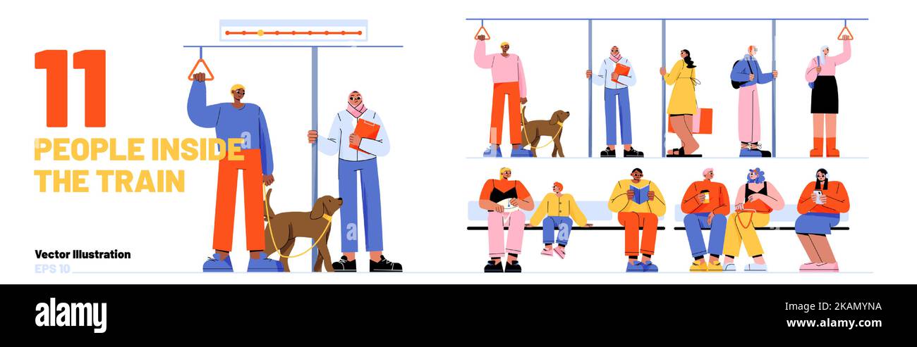 Passengers inside subway train car. Diverse people standing and sitting ...