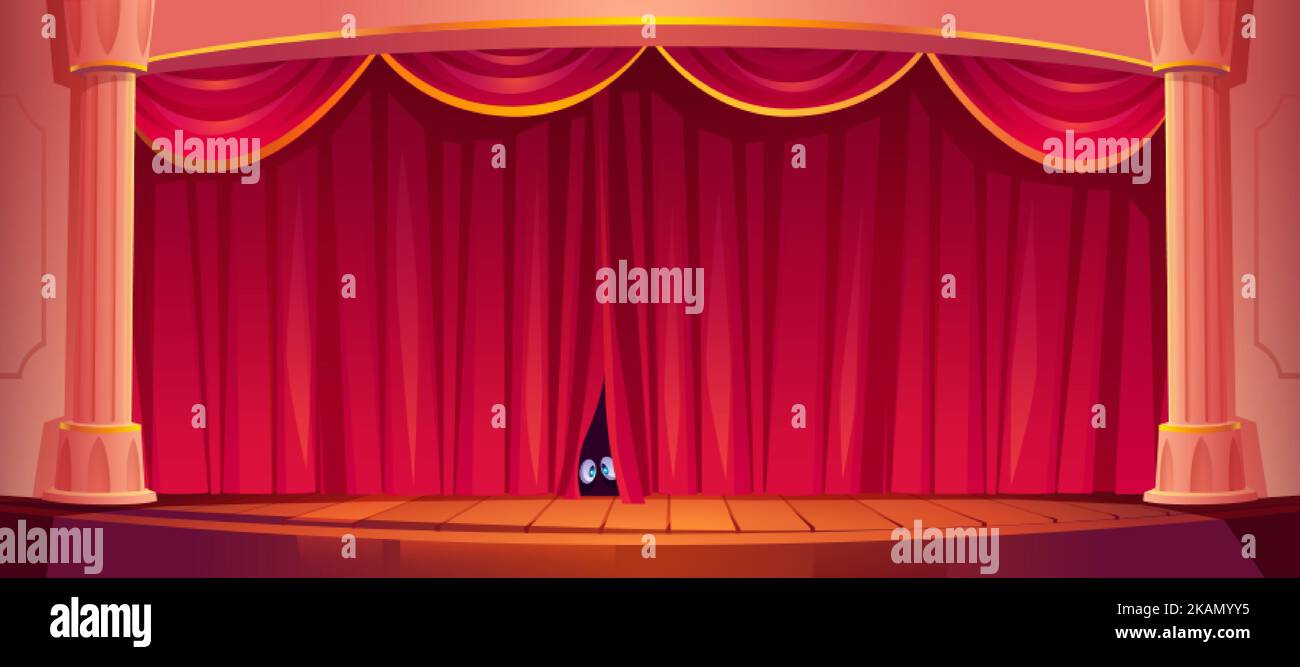 Eyes look out red curtains on theater stage. Funny human or animal ...