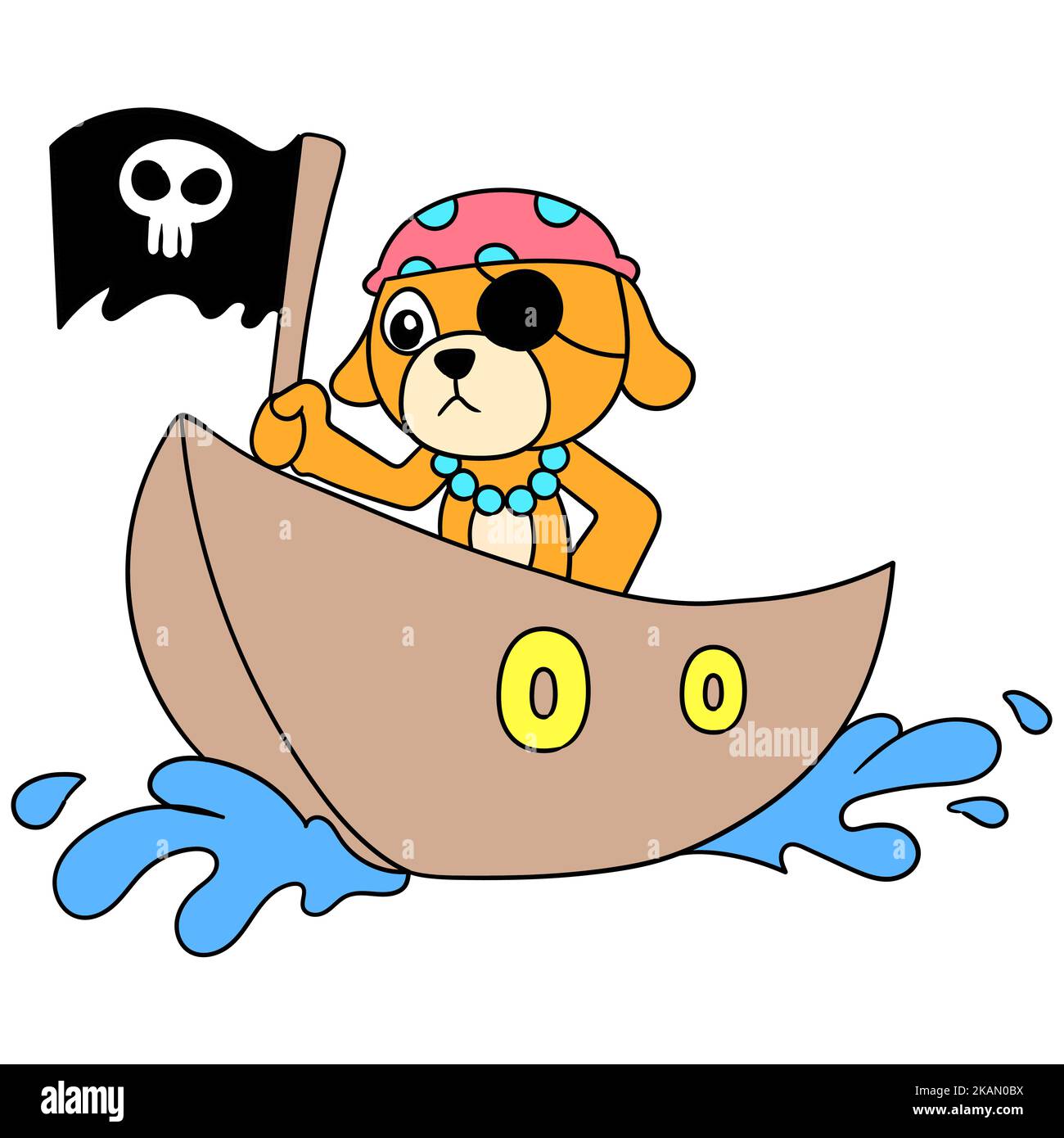 A doodle of a dog pirate with a pirate eye patch holding a skull flag ...