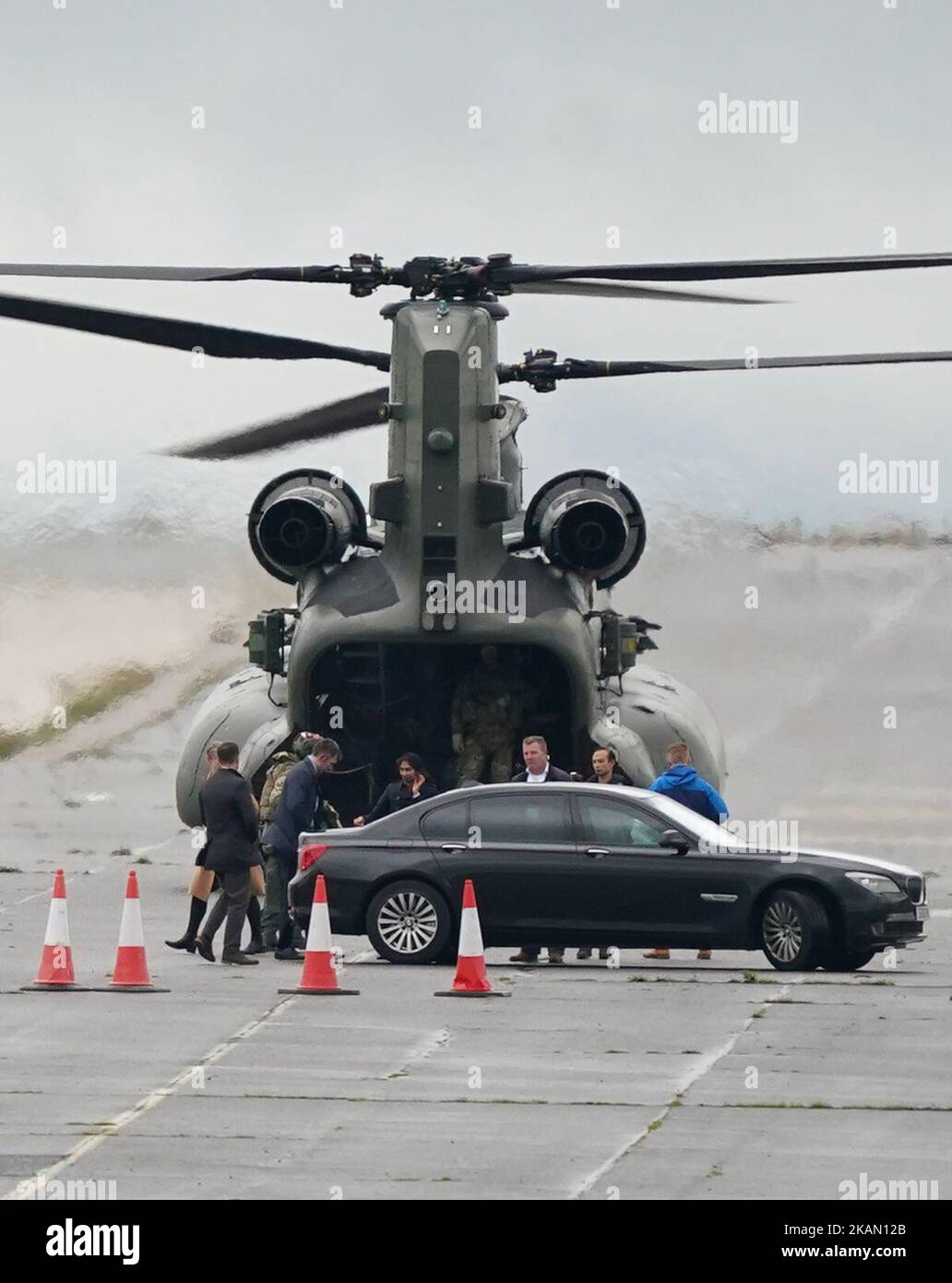 Home Secretary Suella Braverman arrives in a Chinook helicopter for a ...
