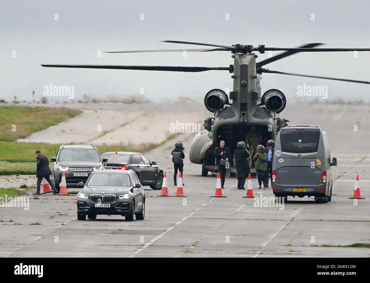 Home Secretary Suella Braverman arrives in a Chinook helicopter for a ...
