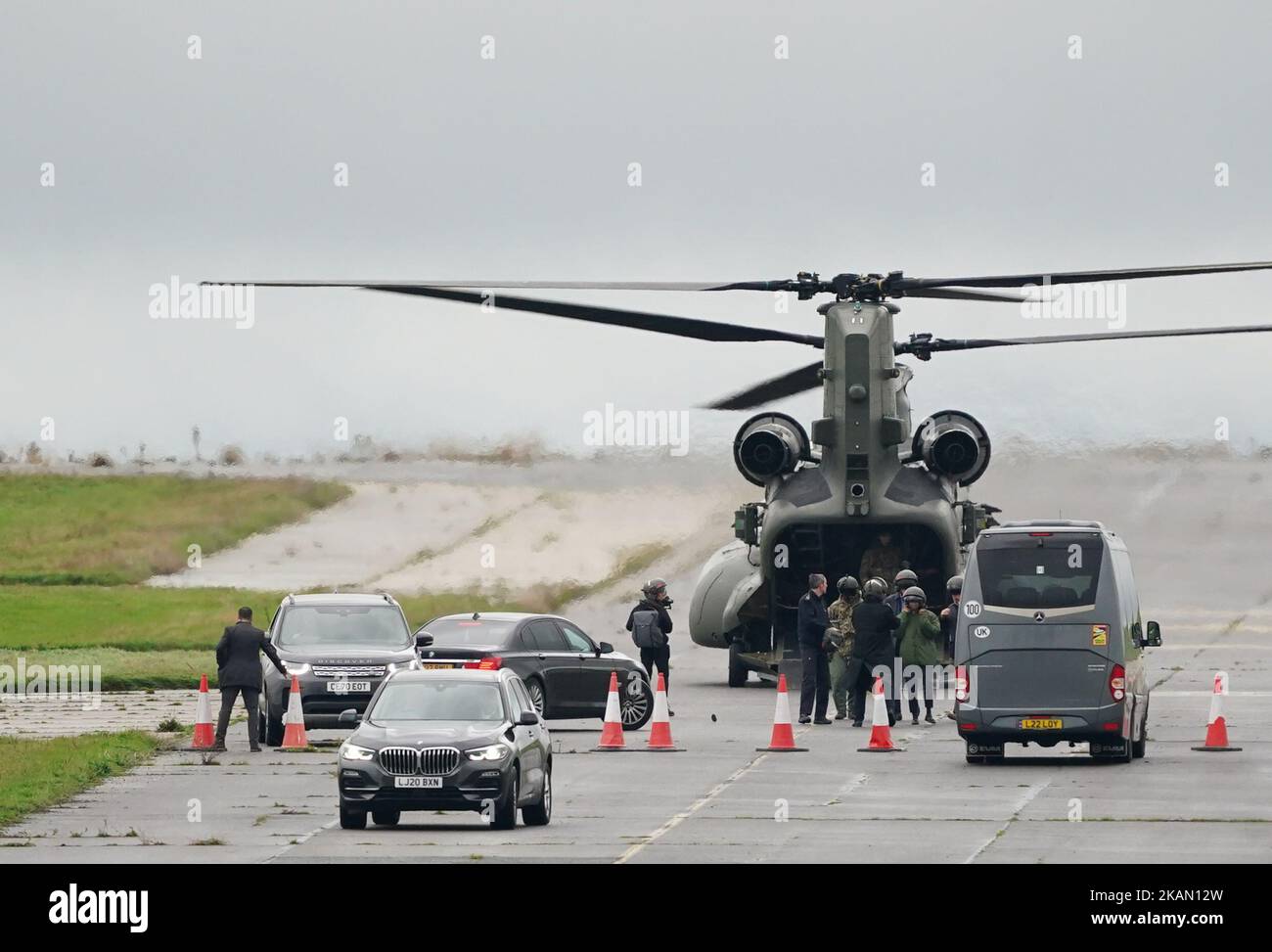 Home Secretary Suella Braverman arrives in a Chinook helicopter for a ...